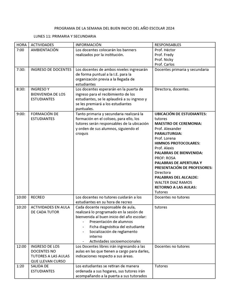 Programa Semana de Inicio Escolar 2024 | PDF | Aprendizaje