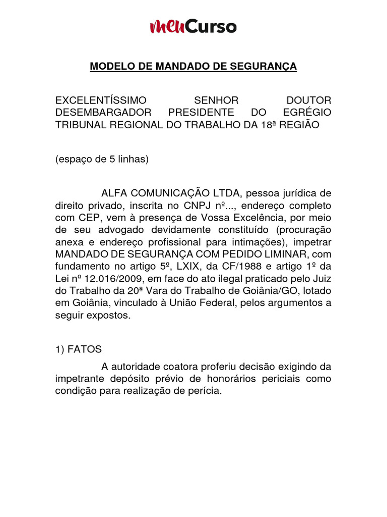 Modelo Mandado de Segurança | PDF | Mandamus | Justiça