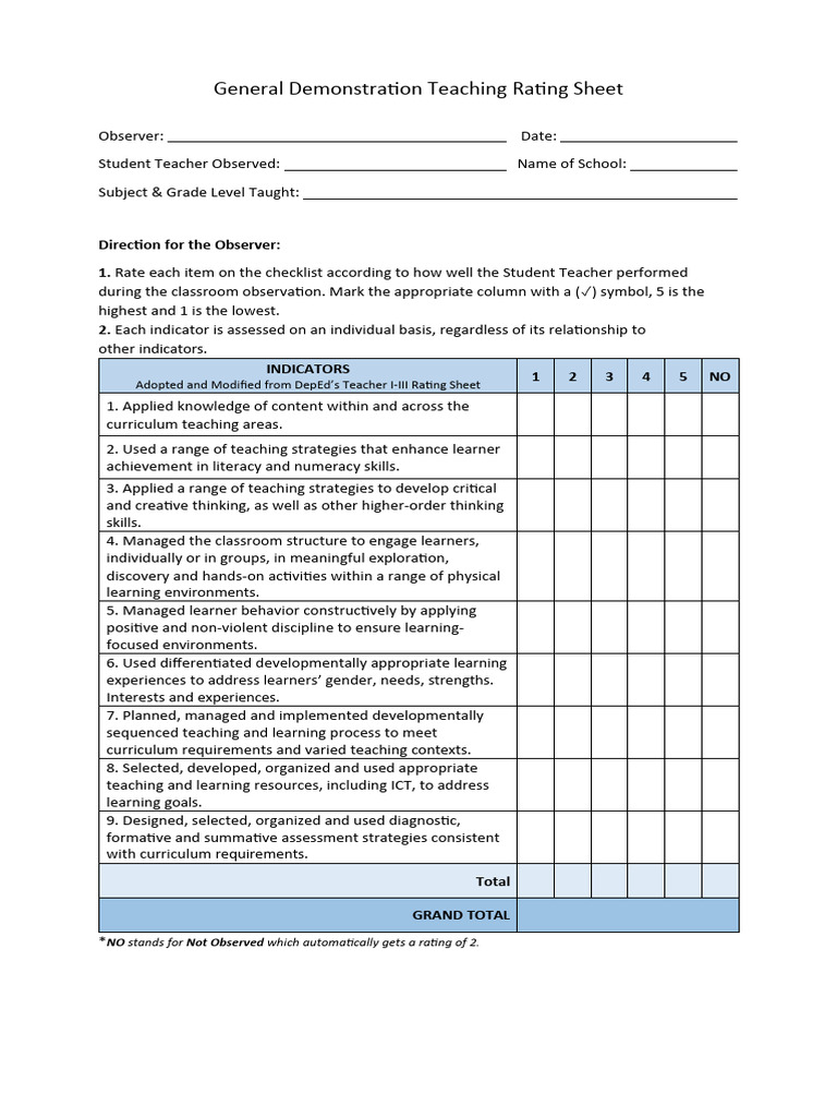 DepEd Teaching Demo Rating Sheet | PDF | Learning | Teachers