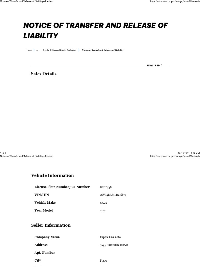 Notice of Transfer and Release of Liability - Review - PDF ESCALADE ...