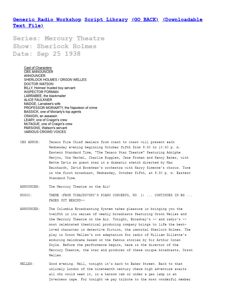 GENERIC RADIO WORKSHOP OTR SCRIPT - Mercury Theatre | PDF | Sherlock Holmes | Dr. Watson