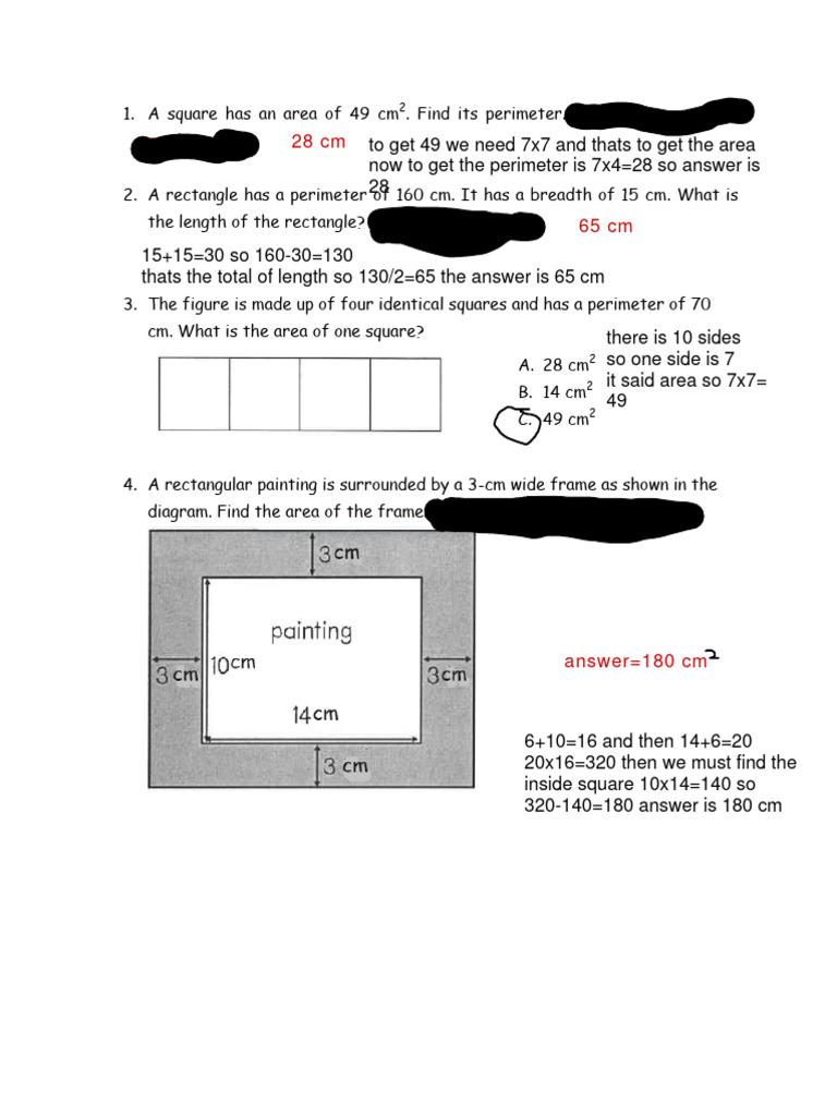 Math Review Answer and Working | PDF | Area | Rectangle