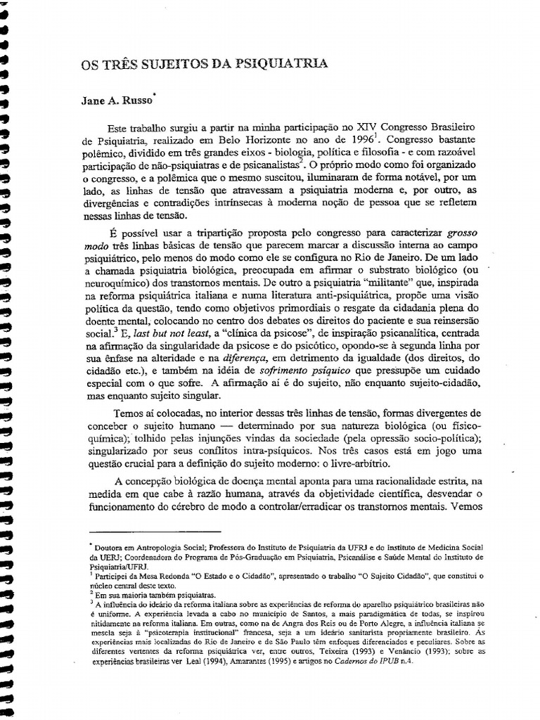 Os Três Sujeitos Da Psiquiatria - Jane A Russo | PDF