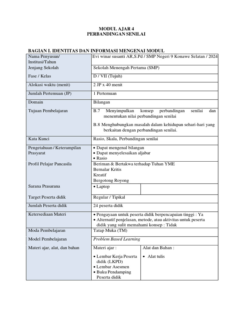 modul ajar 4 perbandingan senilai kls 7d | PDF