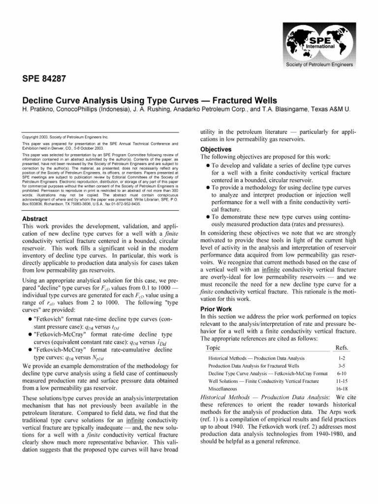 SPE DL 30 SPE 084287 (Pratikno) Decline Curve Analysis Using Type Curves Fractured Wells | PDF