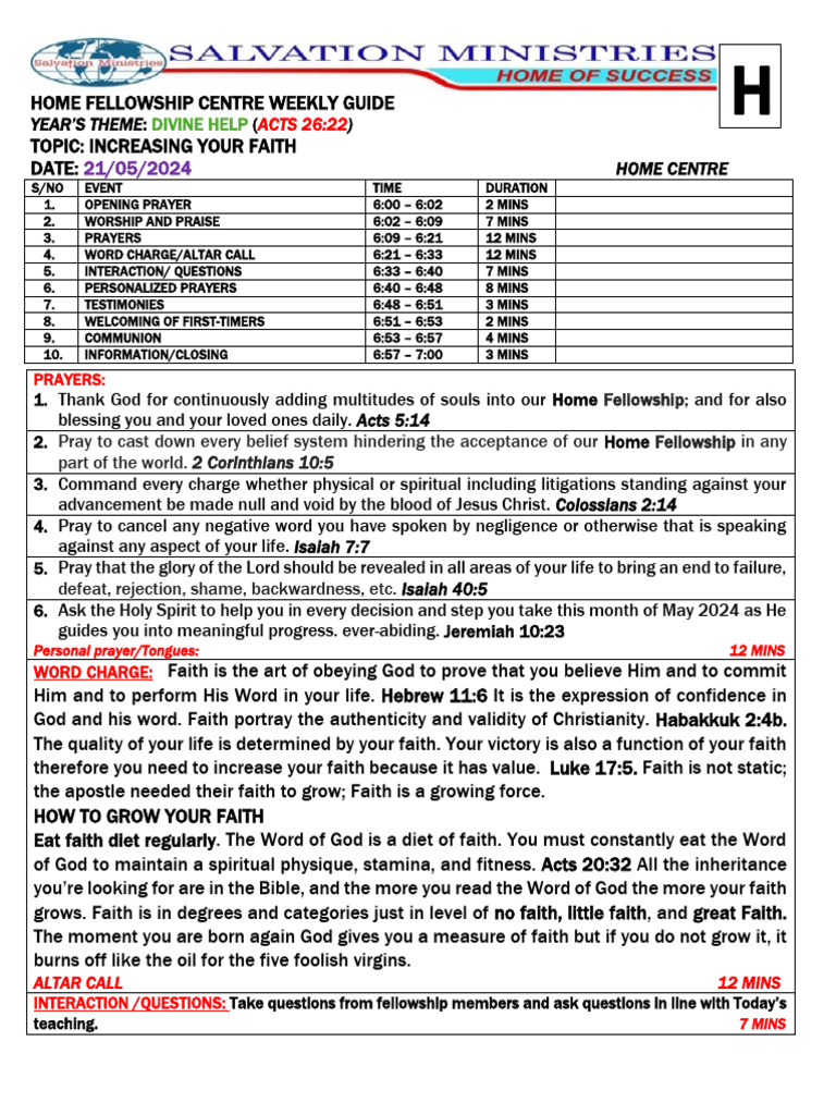 21th May 2024 Home Fellowship Centre Weekly Guide | PDF | Prayer ...