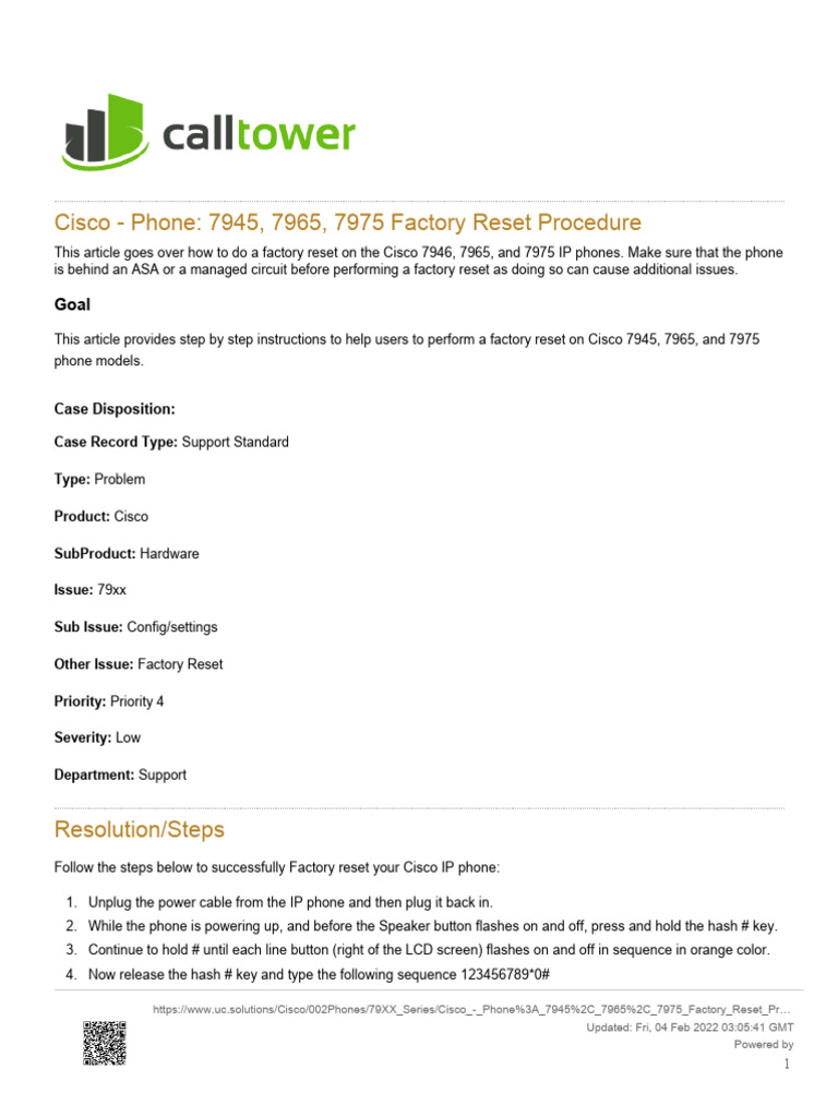 Cisco - Phone_ 7945, 7965, 7975 Factory Reset Procedure | PDF ... Cisco - Phone_ 7945, 7965, 7975 Factory Reset Procedure | PDF ...