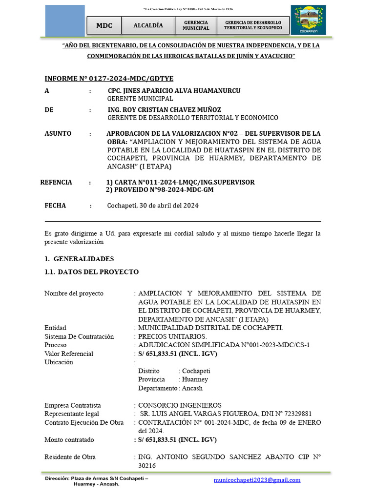 Informe Nº125-2024-Gdtye - Aprobacion de La Val. N-02 - Supervision Huataspin | PDF | Finanzas y ...