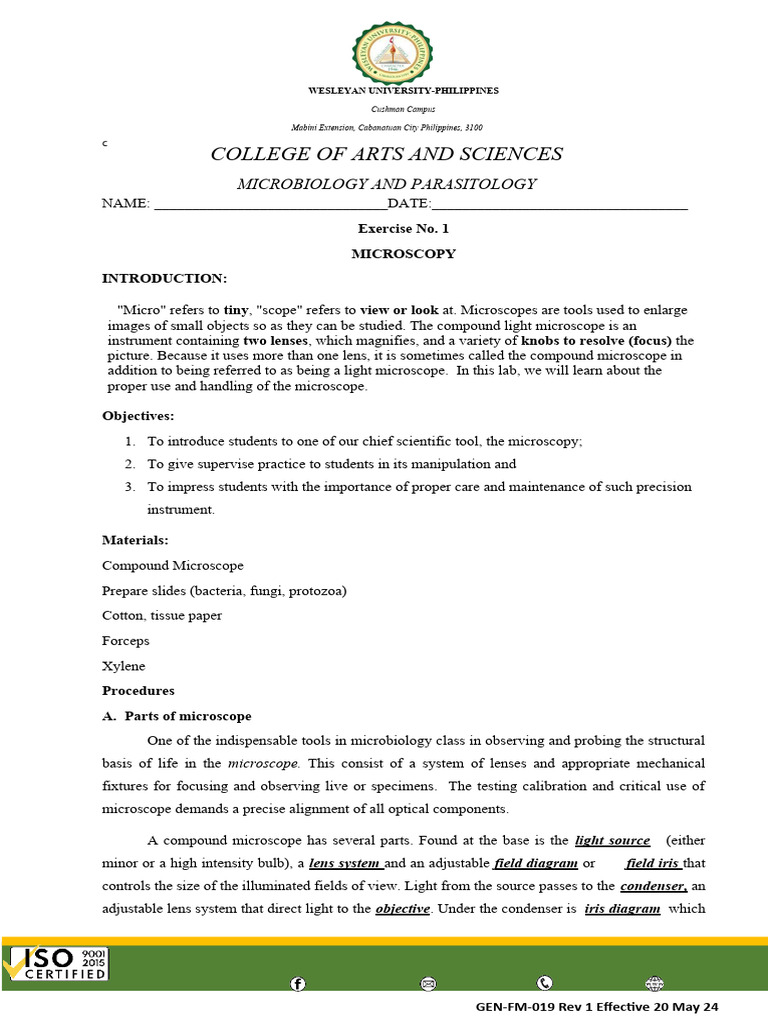 MICROPARA Lab Exercise 1 Micros | PDF | Microscope | Optics