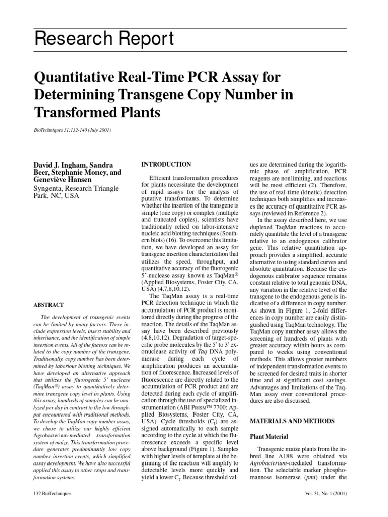 Ingham Et Al 2018 Quantitative Real Time PCR Assay For Determining Transgene Copy Number in ...