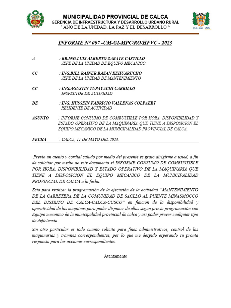 Informe N°07 - Informe de Gasto de Combustible | PDF
