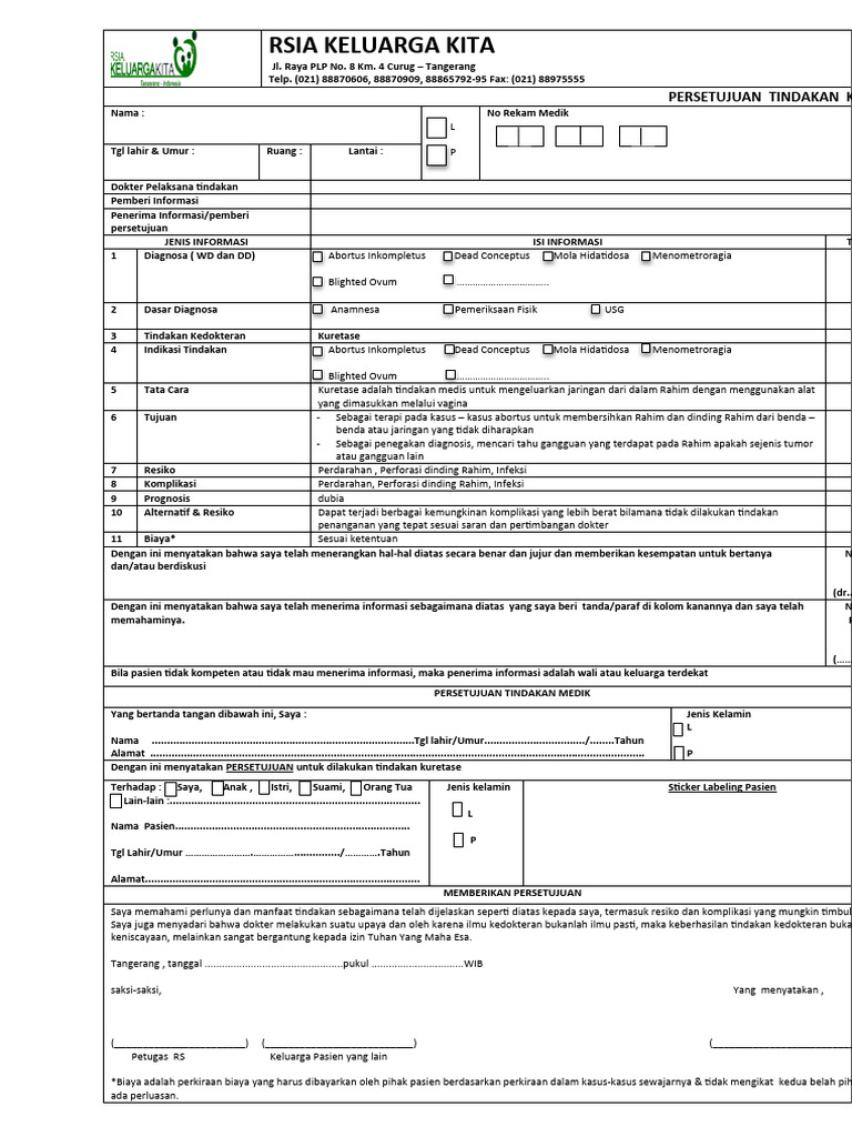 Form Persetujuan Tindakan Kuretase New | PDF
