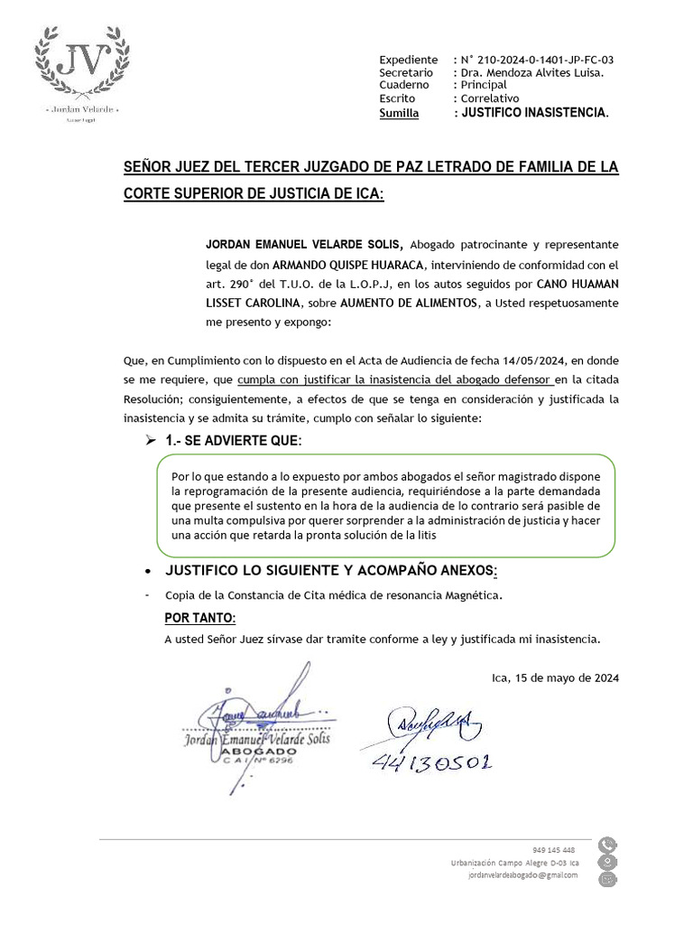Justificación de Inasistencia en Audiencia | PDF