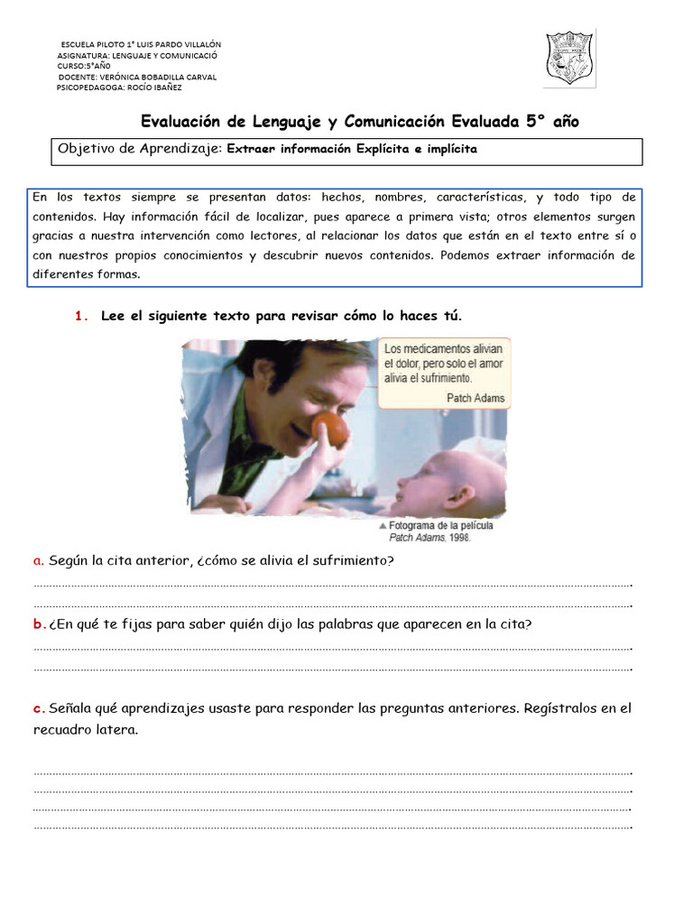 Evaluación 5° Año PATCH ADAMS | PDF | Ciencia cognitiva | Cognición