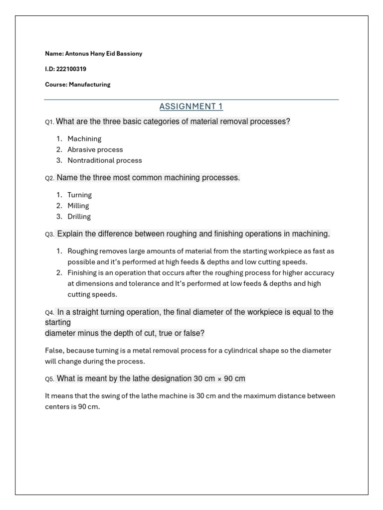 Assignment 1 | PDF | Machining | Mechanical Engineering