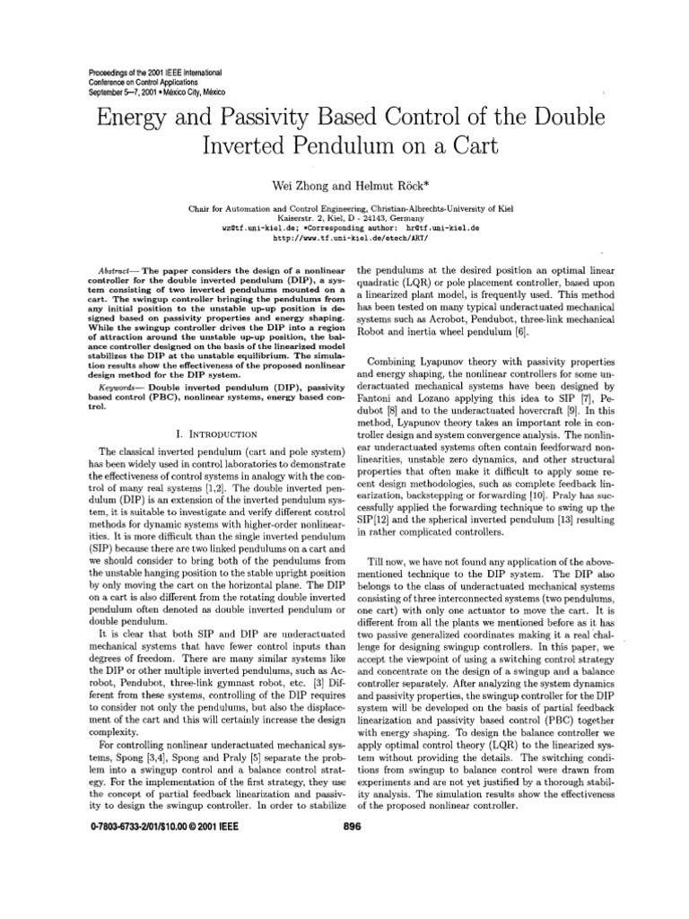 Energy and Passivity Based Control of The Double Inverted Pendul | PDF | Control Theory | Force
