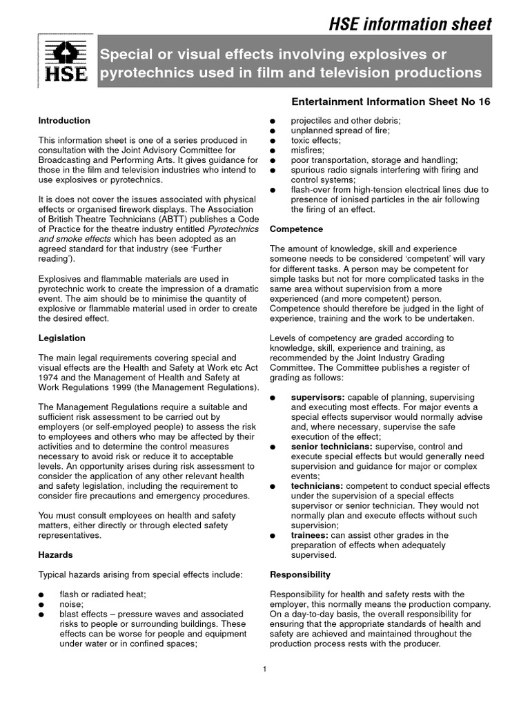 Special or Visual Effects Involving Explosives or Pyrotechnics Used in ...