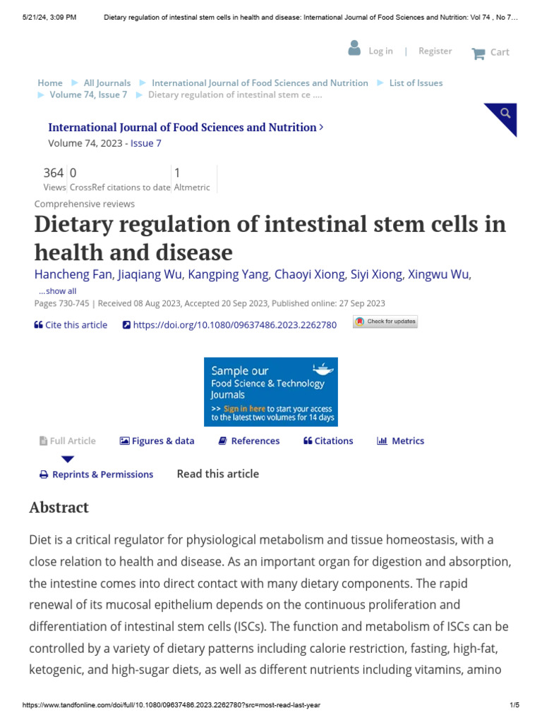 Dietary Regulation of Intestinal Stem Cells in Health and Disease | PDF ...