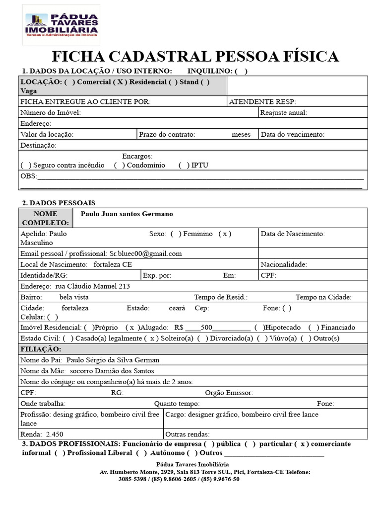 Ficha de Cadastro Locação | PDF | Cheque (banco) | Aluguel