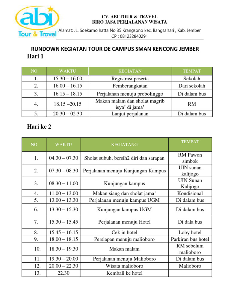 Rundown Kegiatan Study Tour Sma Negeri Kencong | PDF