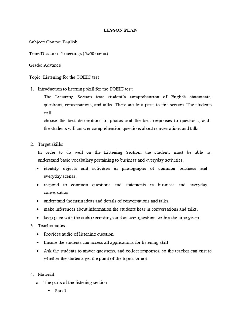 Lesson Plan TOEIC | PDF | Reading Comprehension | Verb