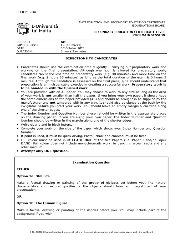 2020 SEC Art Exam Paper Guidelines | PDF | Drawing | Pastel