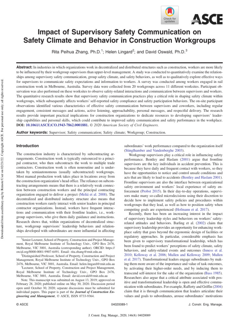 Impact of Supervisory Safety Communication On Safety Climate and Behavior in Construction ...