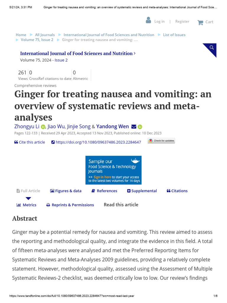 Ginger For Treating Nausea and Vomiting: An Overview of Systematic Reviews and Meta-Analyses ...