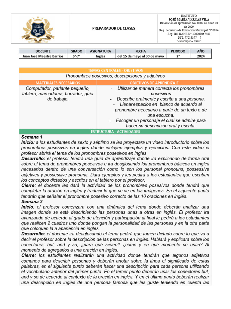 Plan de Clases de Ingles de 6-7 de Ingles Segundo Periodo - Nuevo ...