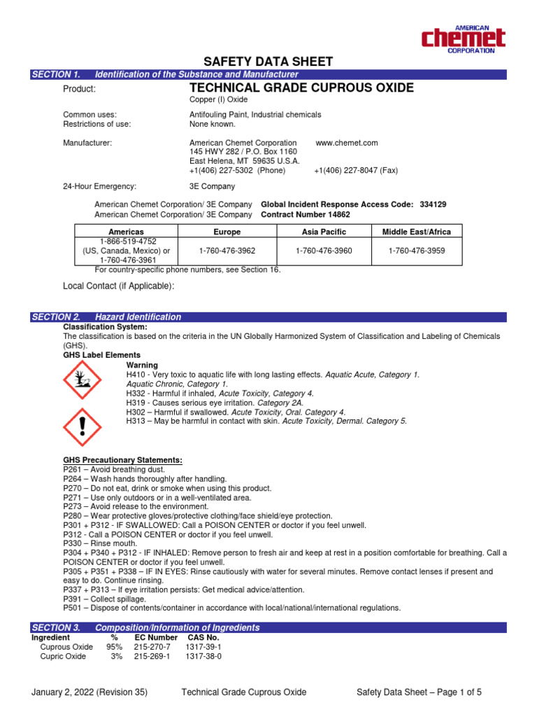 Cuprous Oxide Safety Data Sheet | PDF | Toxicity | Personal Protective ...