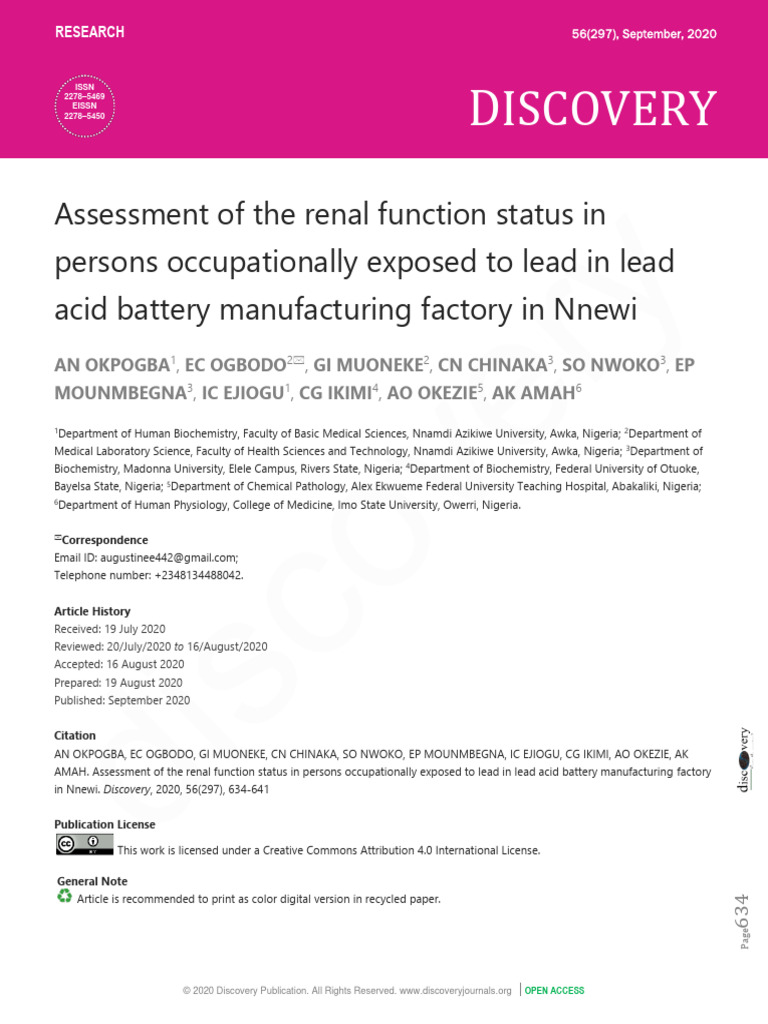 Assessment of The Renal Function Status in Persons Occupationally ...