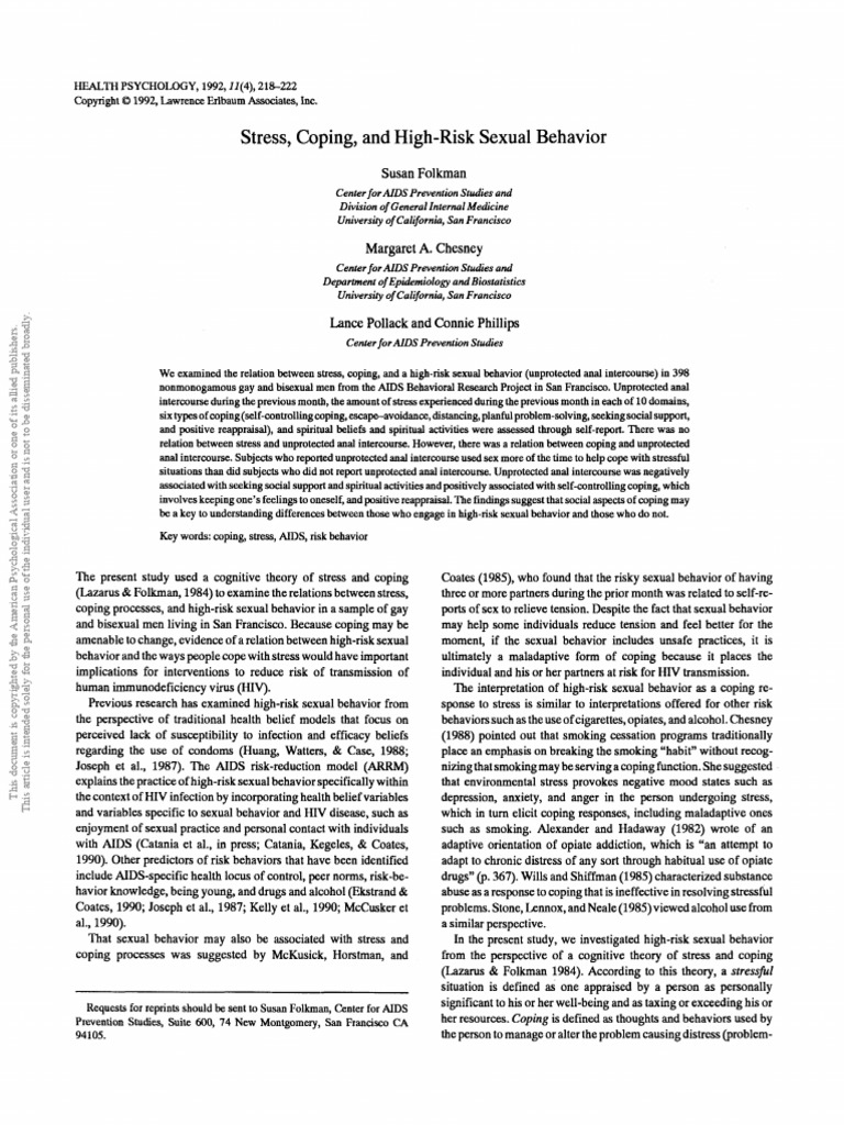 Stress, Coping, and High-Risk Sexual Behavior | Download Free PDF | Sexual Intercourse | Hiv/Aids