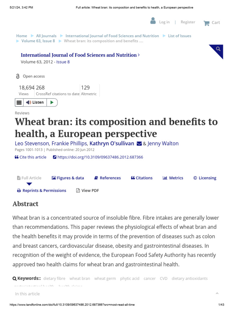 Wheat Bran: Its Composition and Benefits To Health, A European ...