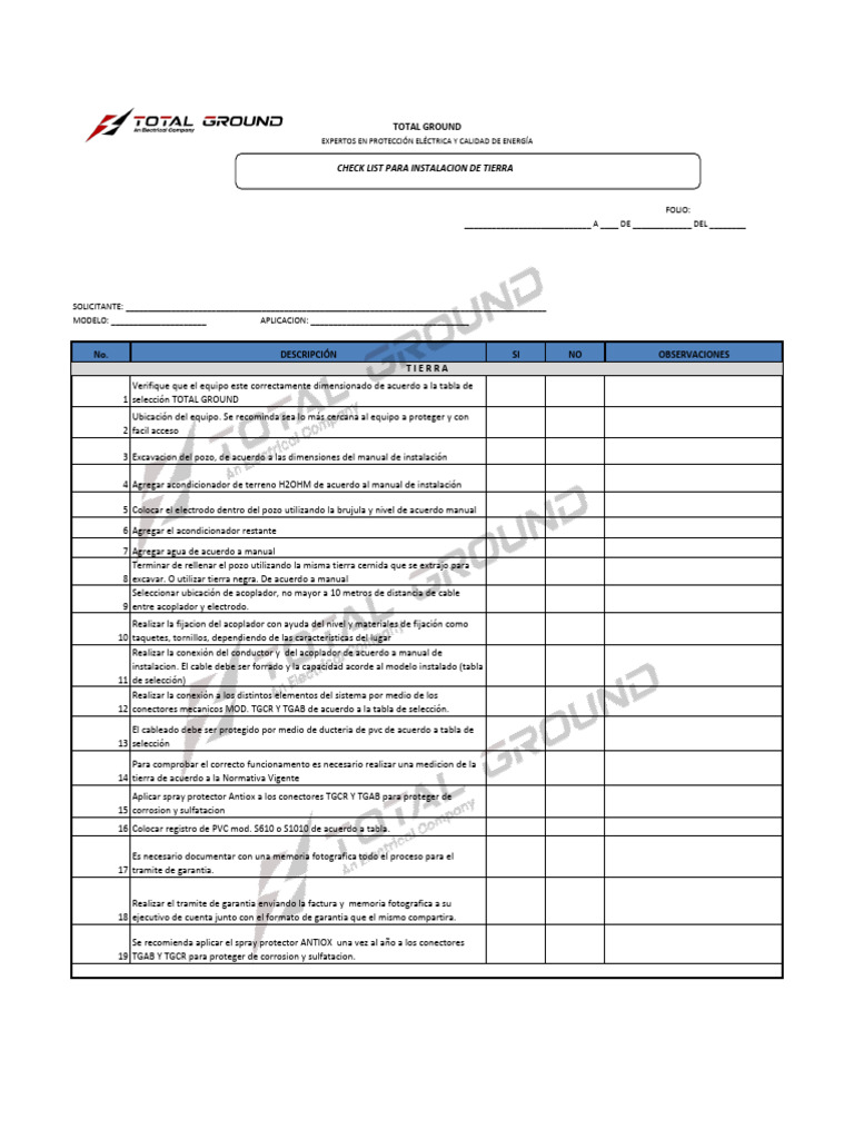 Check List Instalacion Tierra TOTAL GROUND | PDF | Conector eléctrico ...