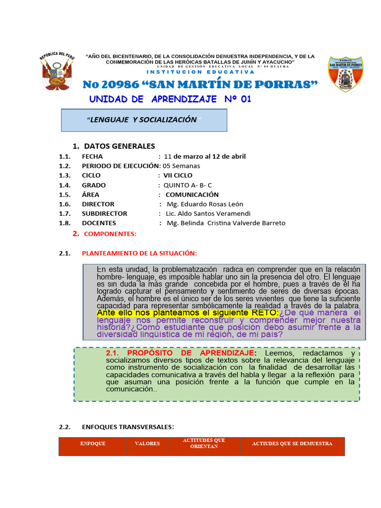 UNIDAD DE APRENDIZAJE N° 1- 5TO AÑO. | PDF | Evaluación | Aprendizaje
