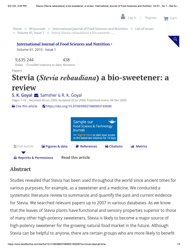 Stevia (Stevia Rebaudiana) A Bio-Sweetener: A Review: Samsher R. K. Goyal | PDF | Sugar Substitute