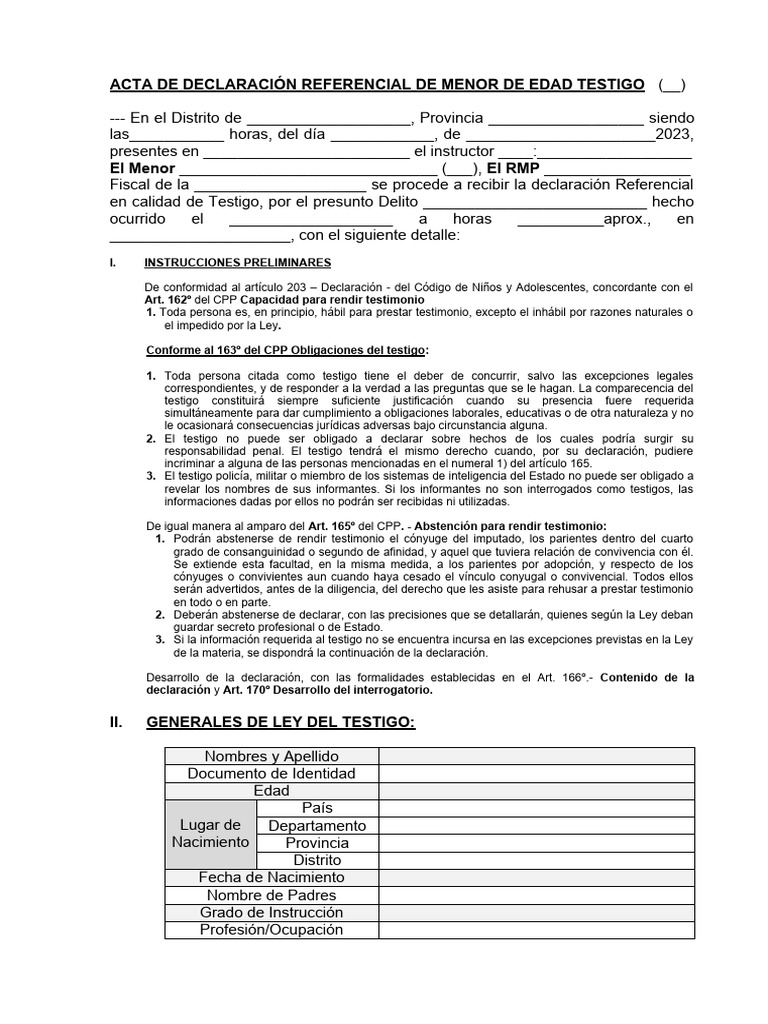 Acta De Declaracion Referencial De Menor Testigo Yury Toscano Jurispol
