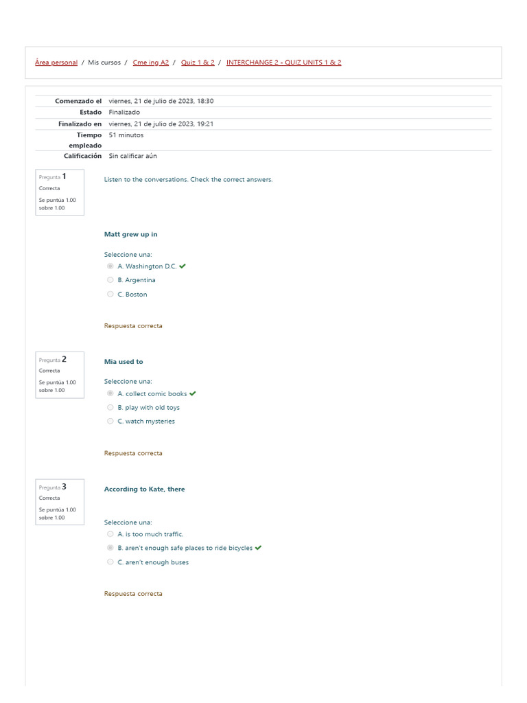 Interchange 2 - Quiz Units 1 & 2 - Revisión Del Intento | PDF ...