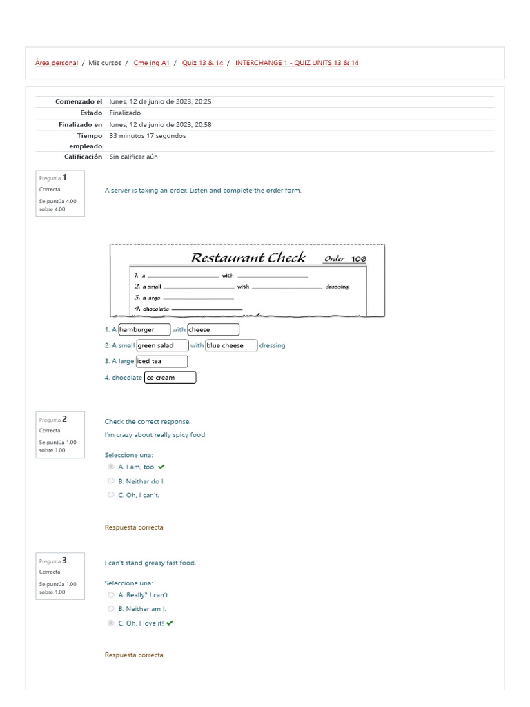 Quiz Interchange 1: Unidades 13 y 14 | PDF