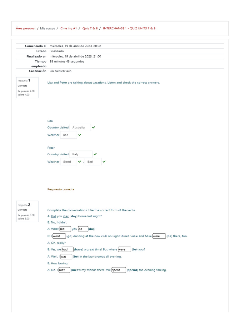 INTERCHANGE 1 - QUIZ UNITS 7 & 8 - Revisión Del Intento | PDF