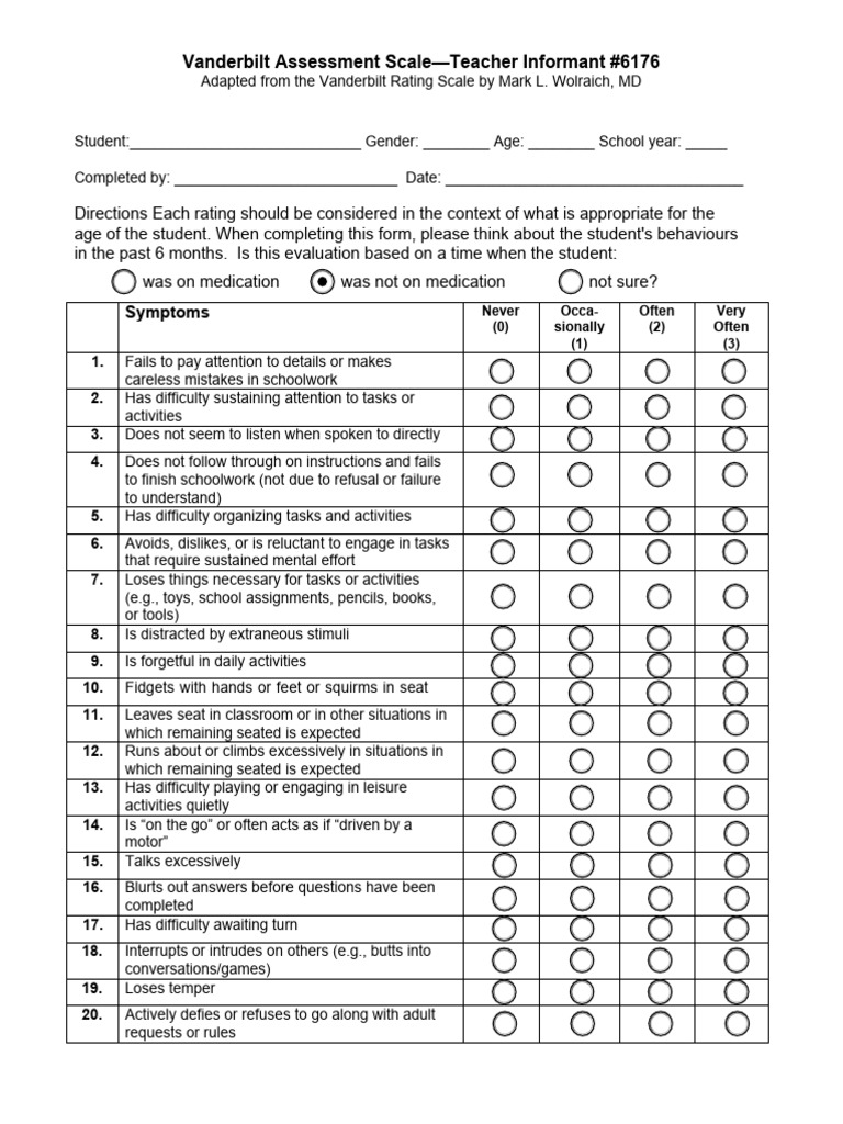 Teacher Vanderbilt v2 | PDF | Attention Deficit Hyperactivity Disorder ...