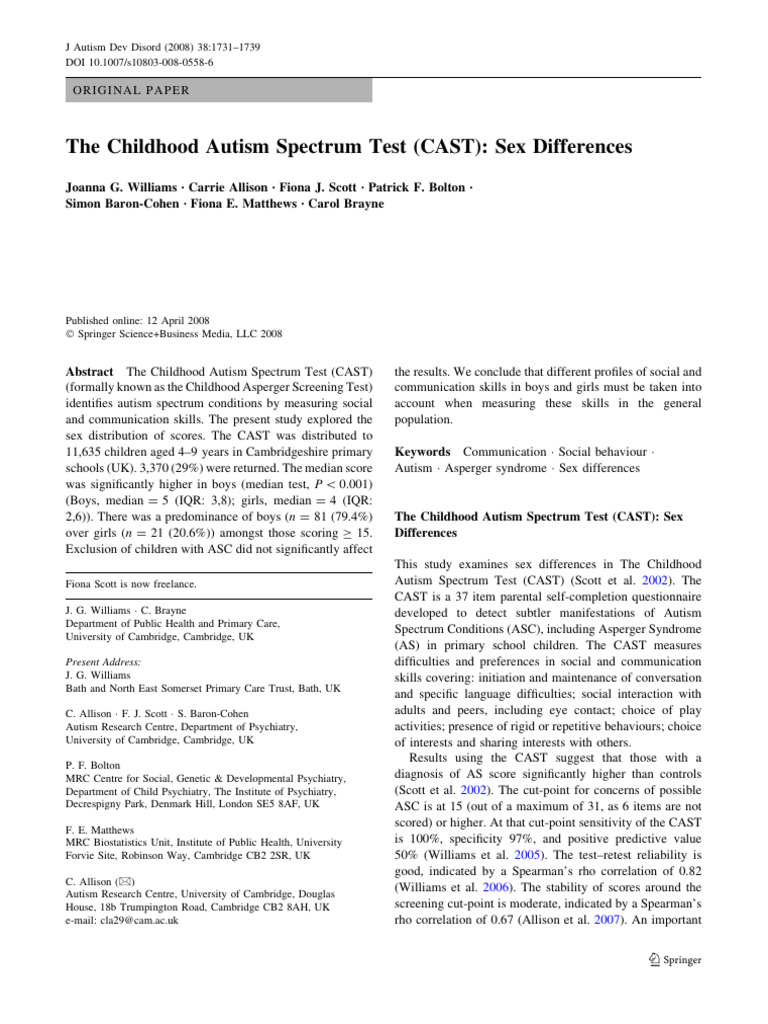 2008 Williams Etal CAST Sex Differences | PDF | Autism Spectrum ...