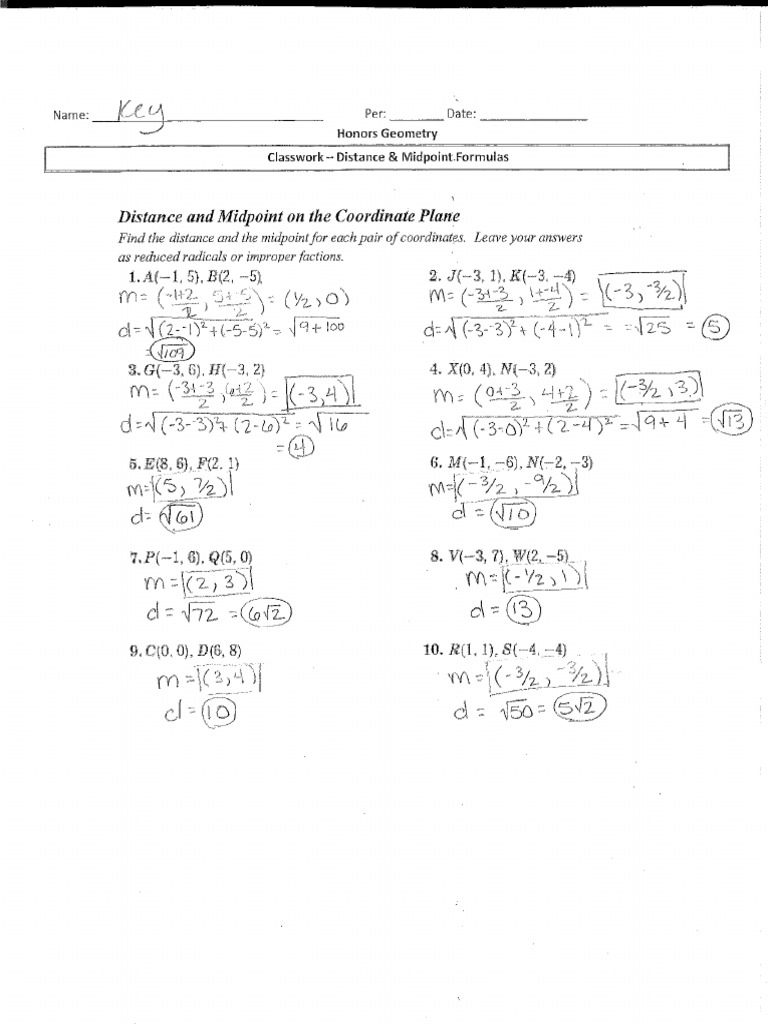 Distance and Midpoint Worksheet KEY | PDF