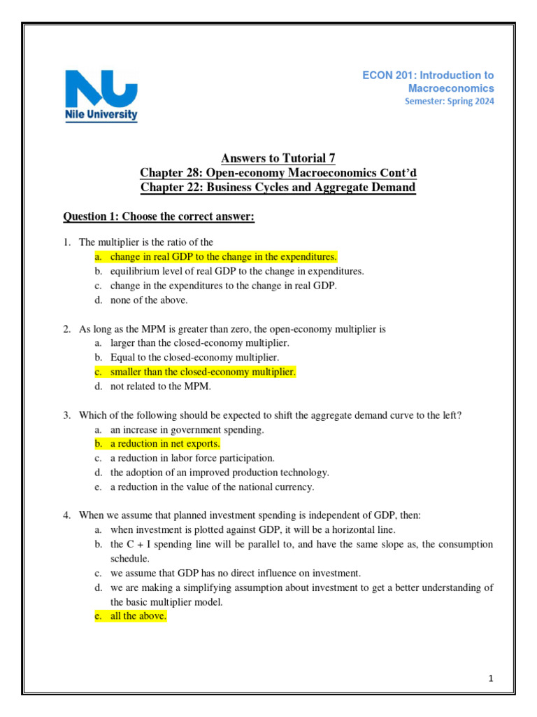 Macroeconomics Tutorial 7 Answers | PDF | Fiscal Multiplier ...
