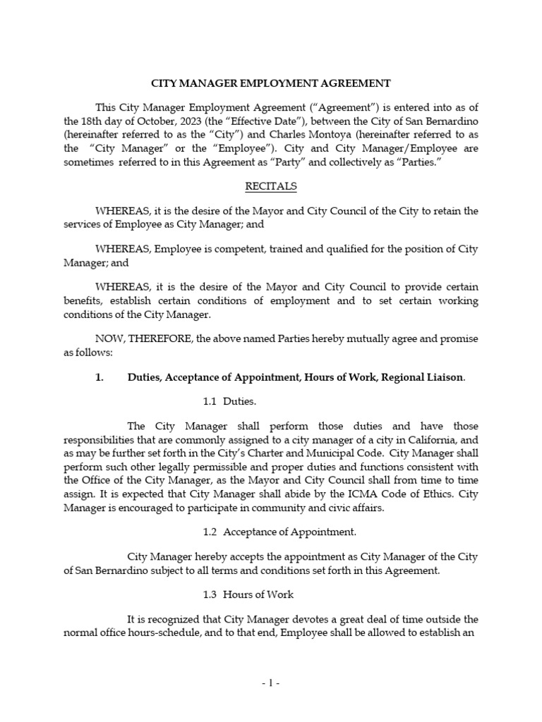 San Bernardino City Manager Employment Agreement With Charles Montoya ...