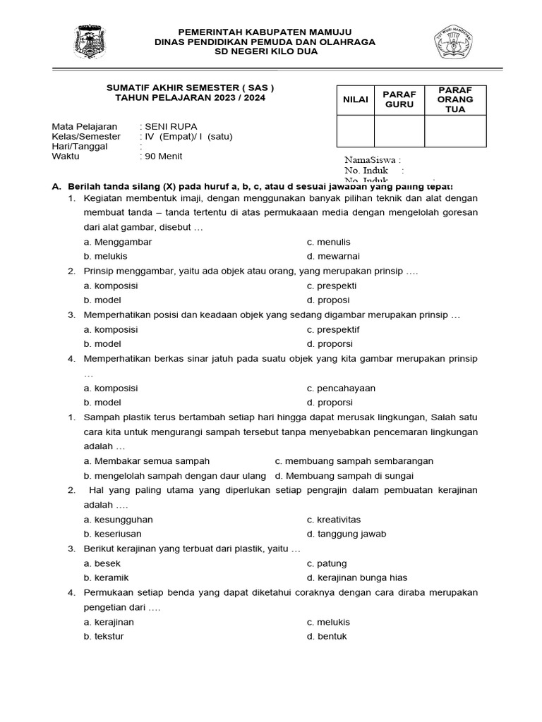 sOAL SAS SENI RUPA KELAS 4 | PDF