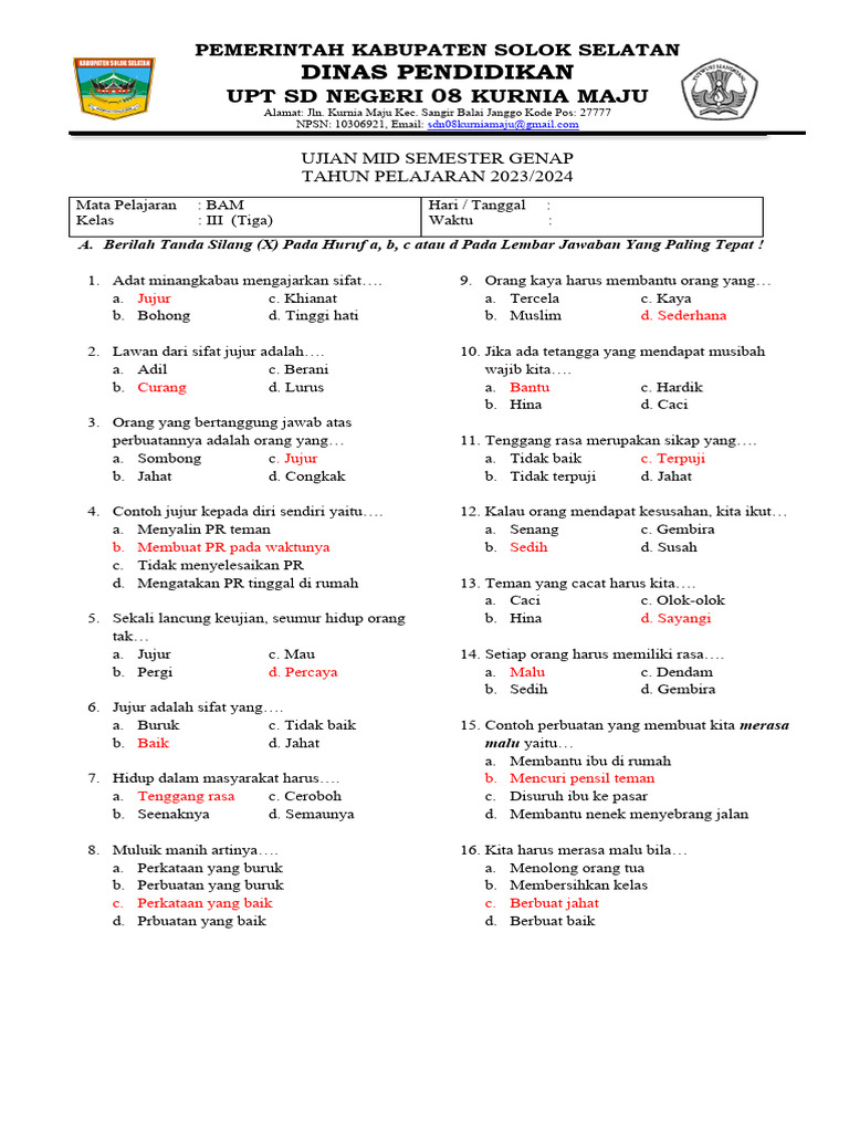 MID BAM Kelas3 s2 | PDF