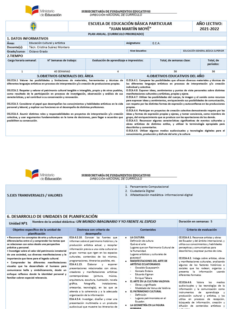 Plan Anual Priorizado Eca Octavo | PDF | Plan de estudios | Evaluación