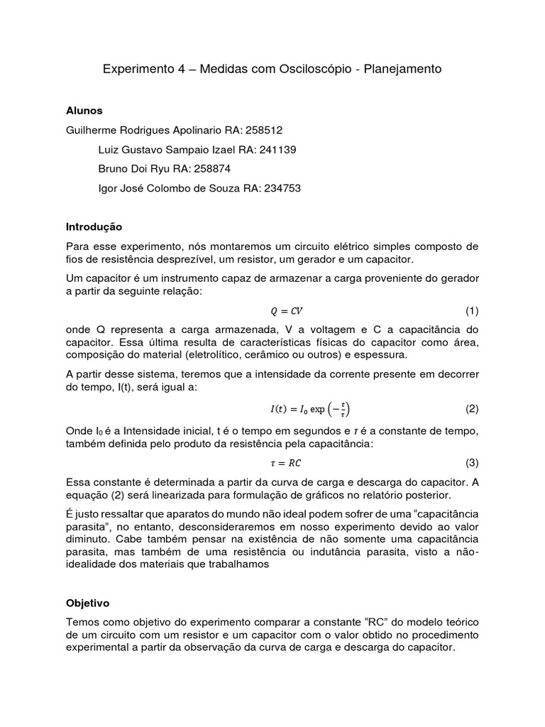 Planejamento - Experimento 4 - Grupo 4 | PDF | Capacitor | Rede elétrica