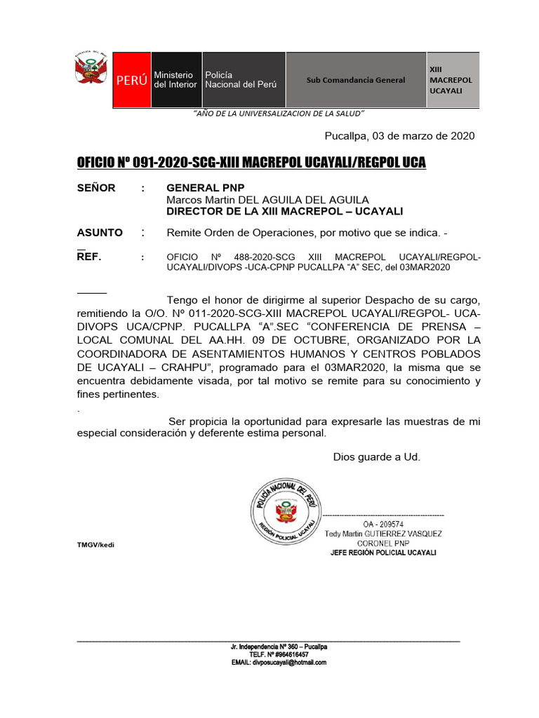 Oficio #091-20-Regpol Uca | PDF